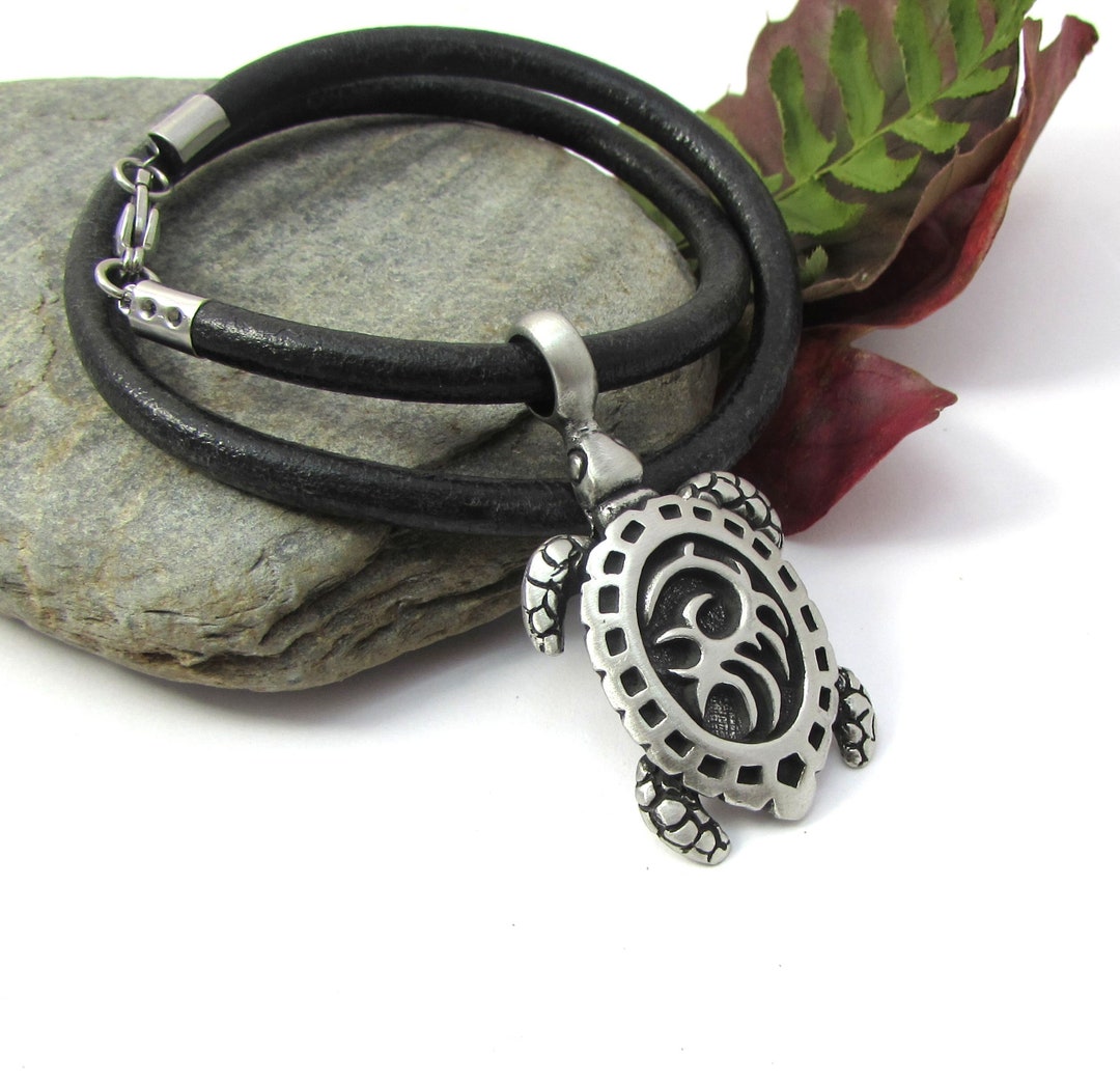 Tribal Turtle Necklace, Thick Genuine Leather Cord, Men's Beach Jewelry ...