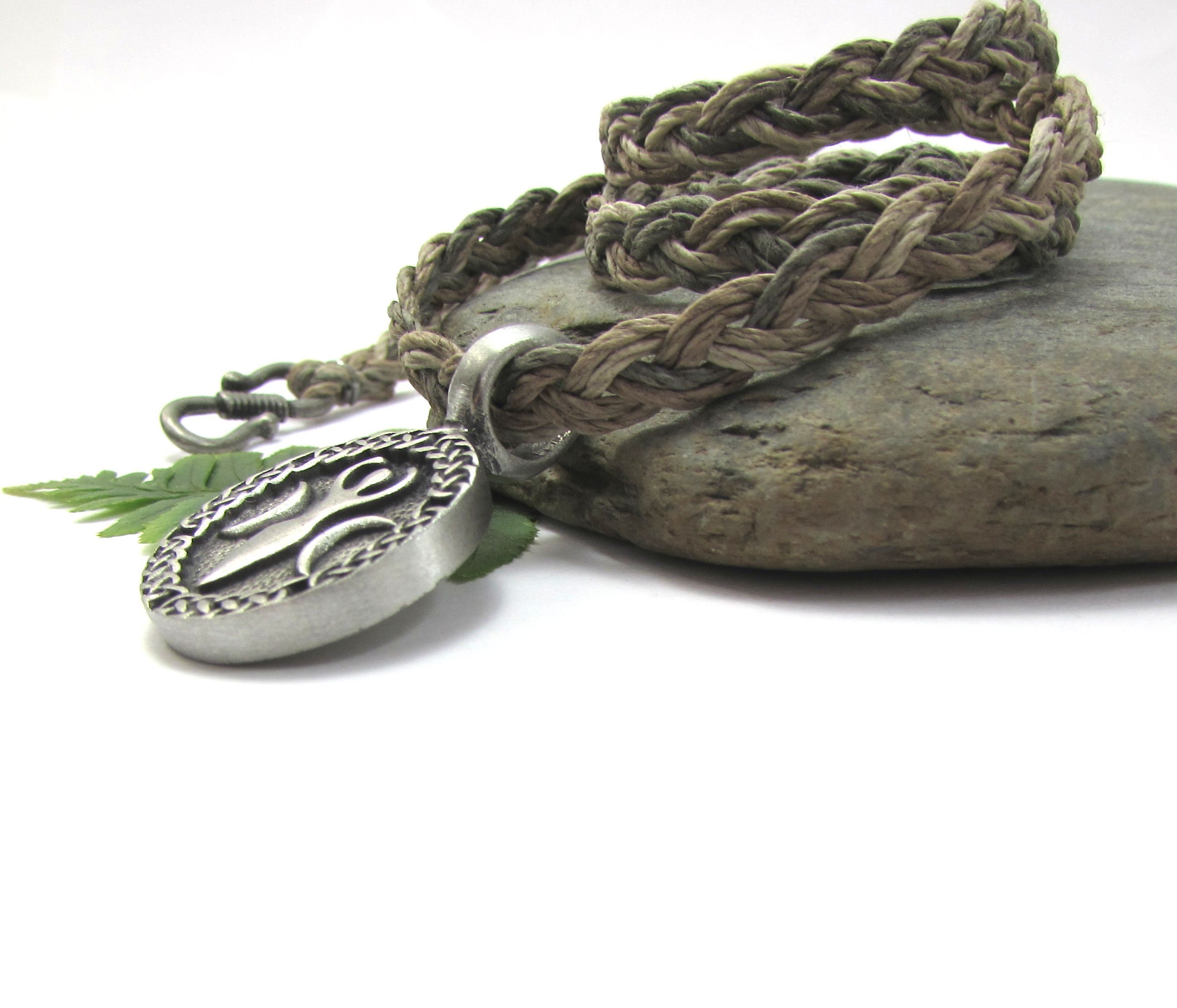 Triple Moon Goddess Pendant With Custom Hemp Cord Necklace, Earth-tone ...