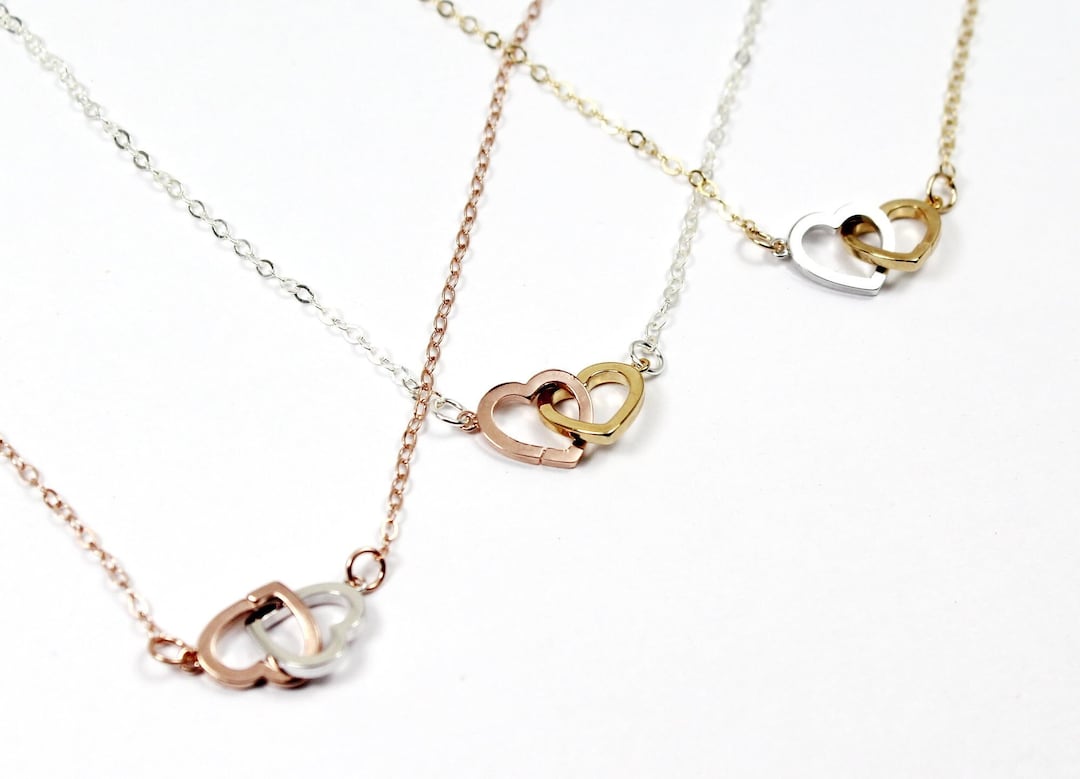 Twins Necklace, Mixed Color Twin Sisters Linked Heart Necklace, Double ...