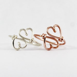 Double Hearts Ring, Silver Wire Adjustable Dainty Heart Ring, Sweet ...