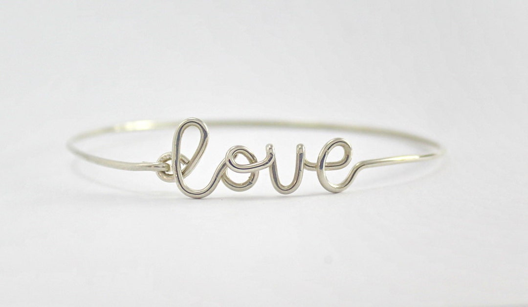 Silver Love Bangle Bracelet, Wire Love Word Bangle, Infinity Love and ...