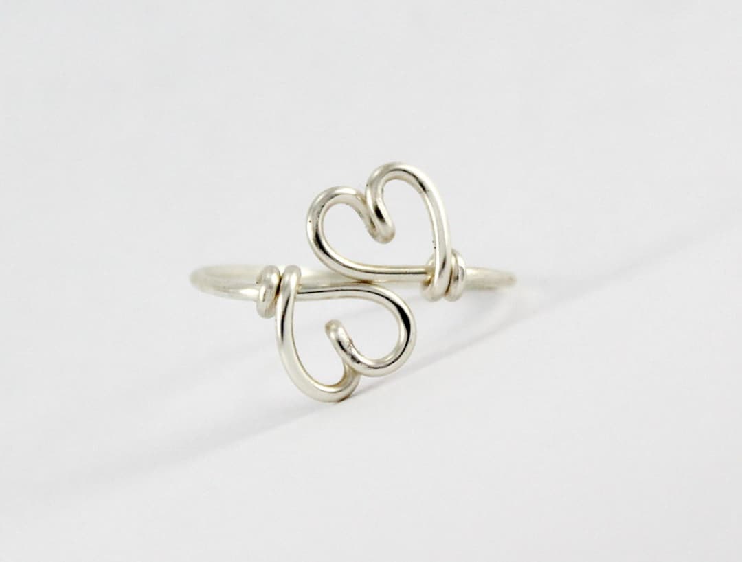 Double Hearts Ring, Silver Wire Adjustable Dainty Heart Ring, Sweet ...