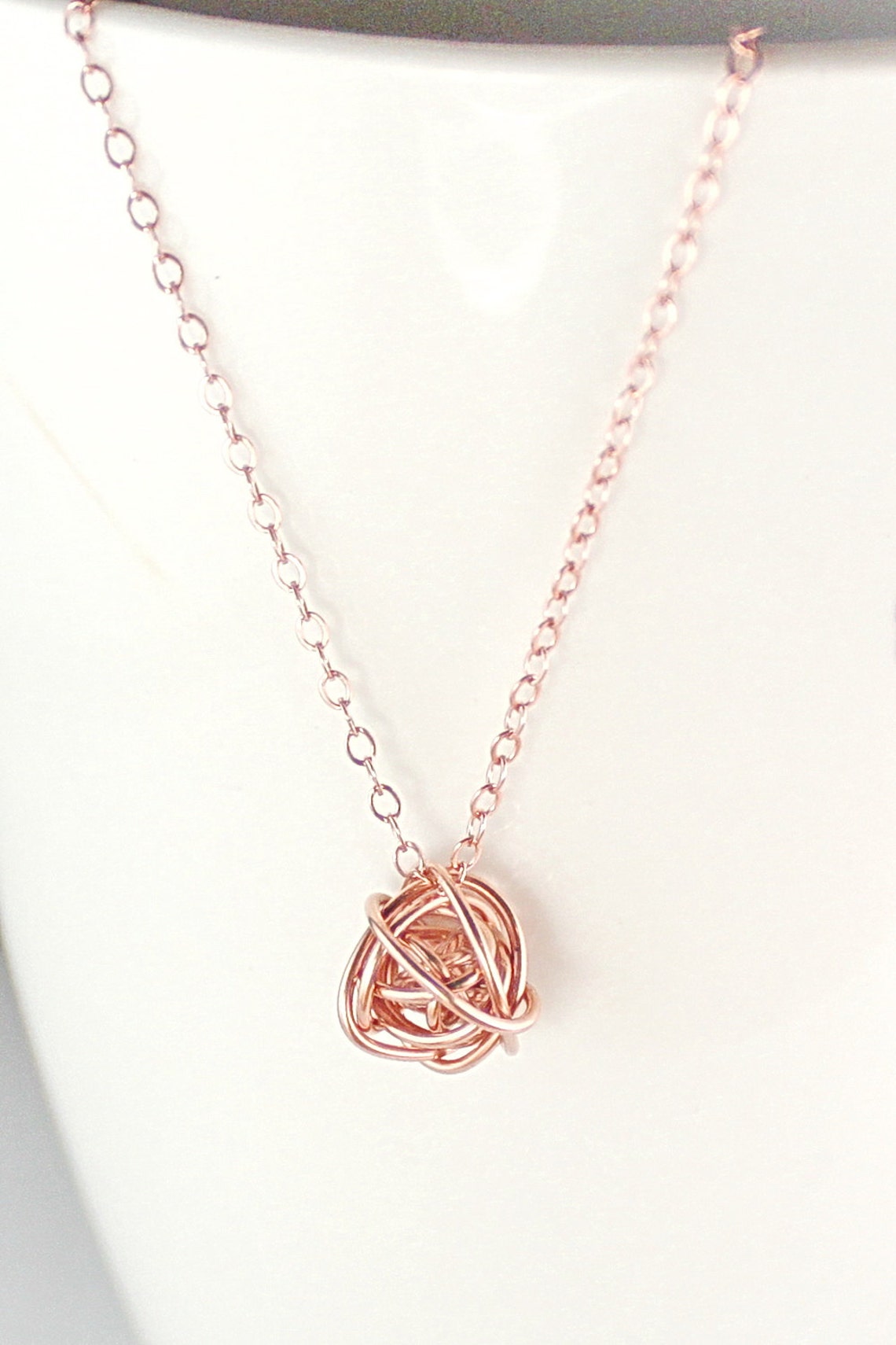 Rose Gold Wire Ball Necklace, Rose Gold Love Knot Necklace, Rose Gold ...