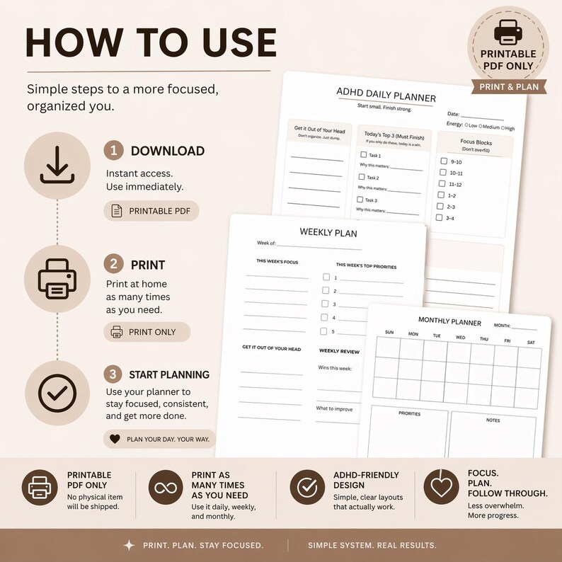 ADHD Planner Printable PDF, ADHD Daily Weekly Monthly Planner, Focus ...
