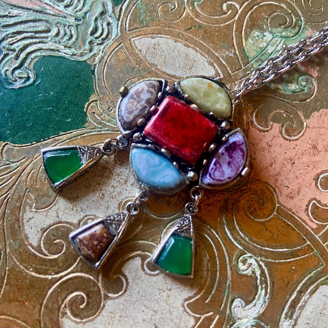 Vintage Jacobite Scottish Celtic Art Glass Agate Pendant Necklace 1960s ...