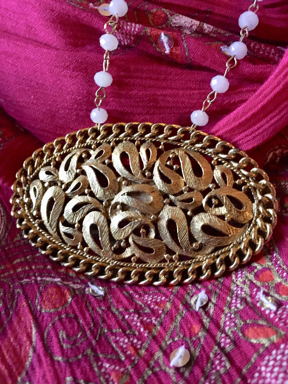 White and Gold Bead Chain Necklace With Vintage Repurposed Pendant - Etsy