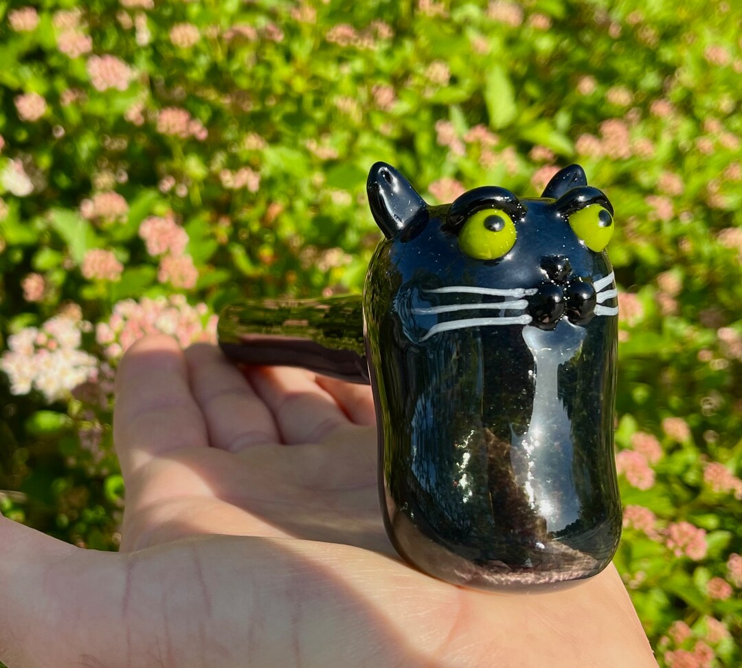 Hand Blown and Sculpted Black Hammer Cat Glass Pipe, Glass Cat Pipe ...