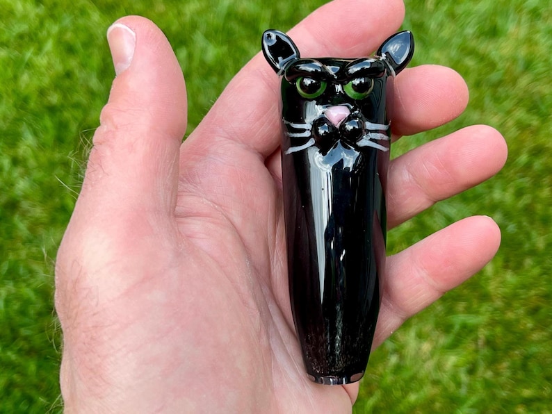 Hand Blown Black Glass Cat Chillum, Green Eyes, Feline Sculpted Pipe - Etsy