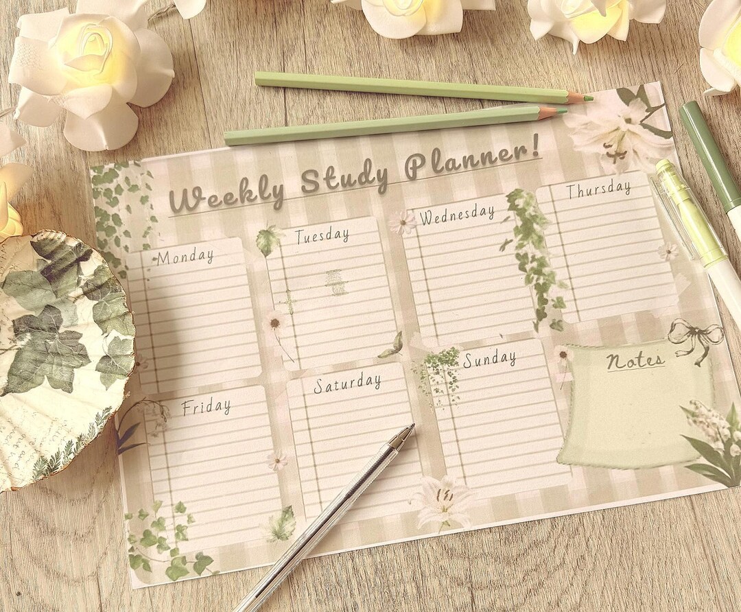 Weekly Study Planner Printable | Aesthetic Green Floral | GCSE Revision ...