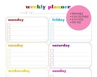 Printable EDITABLE Weekly Planner Calendar | Etsy