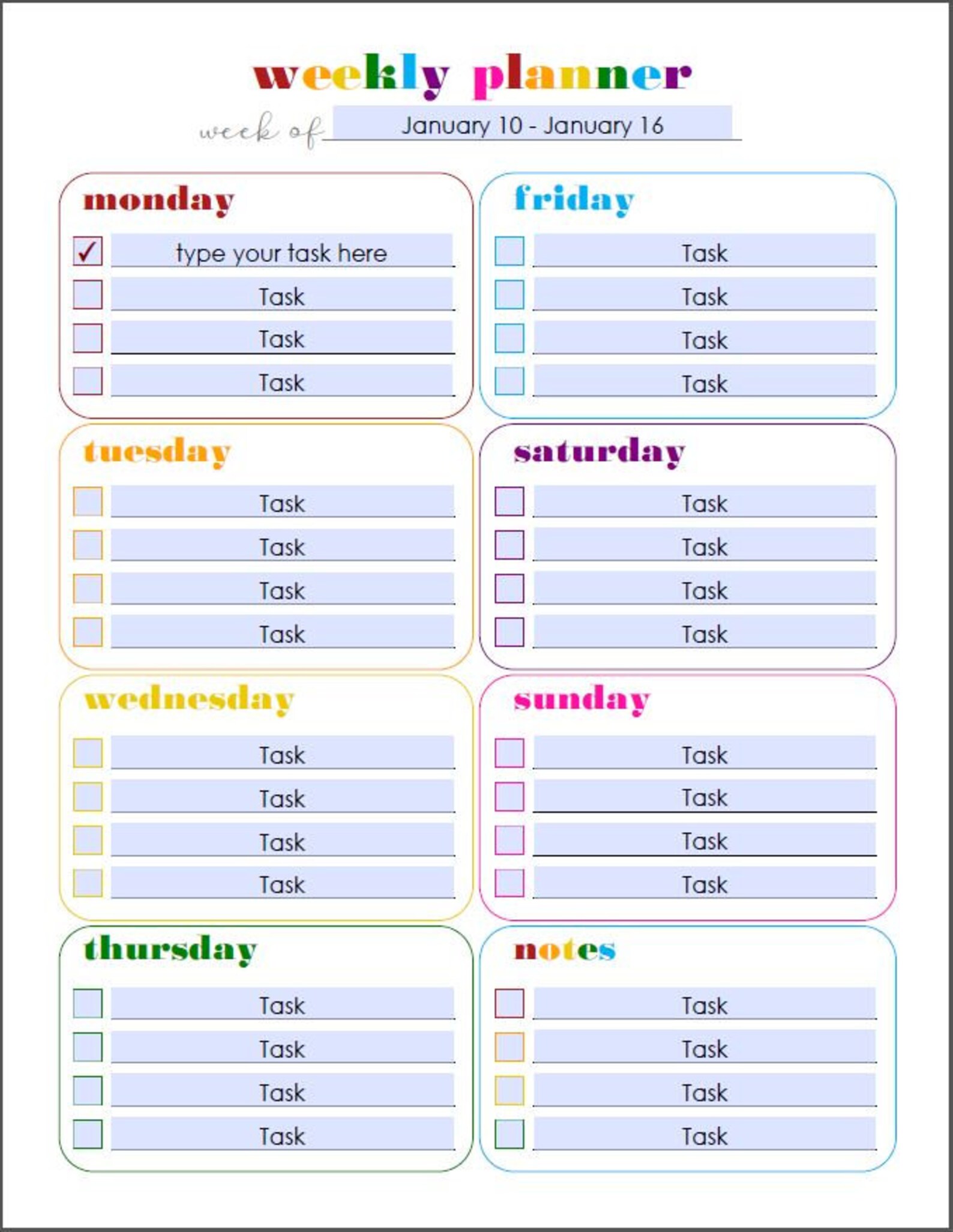 Printable EDITABLE Weekly Planner Calendar, 8.5"x11", Simple Rainbow - Etsy