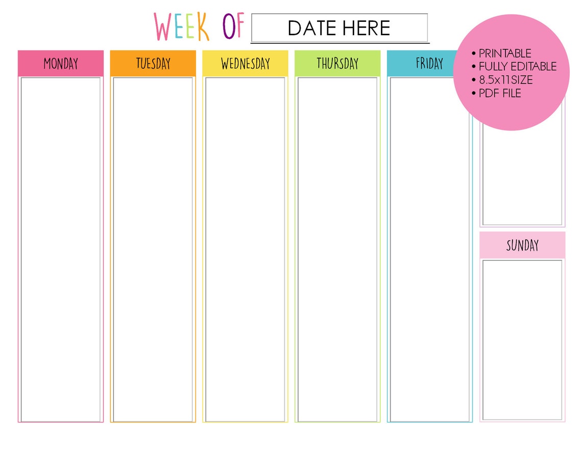 Printable EDITABLE Weekly Calendar, 11x8.5, Pastel Rainbow - Etsy