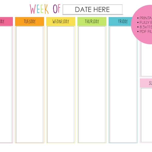 Printable EDITABLE Weekly Calendar 11x8.5 Pastel - Etsy