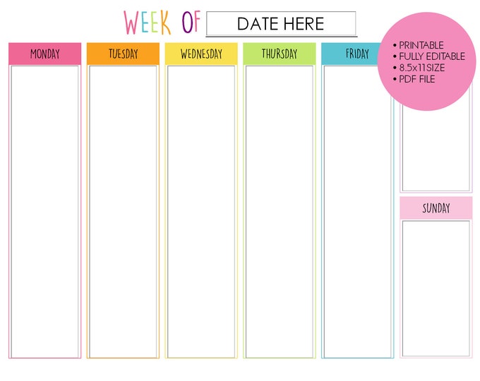 Bright Weekly Planner Printable, Week on 1 Page, Undated,letter Size ...