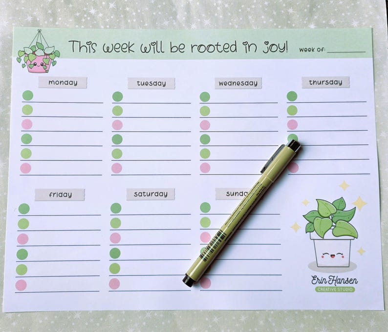 Printable Undated Weekly Calendar, 11"x8.5", Happy Houseplants, Rooted ...
