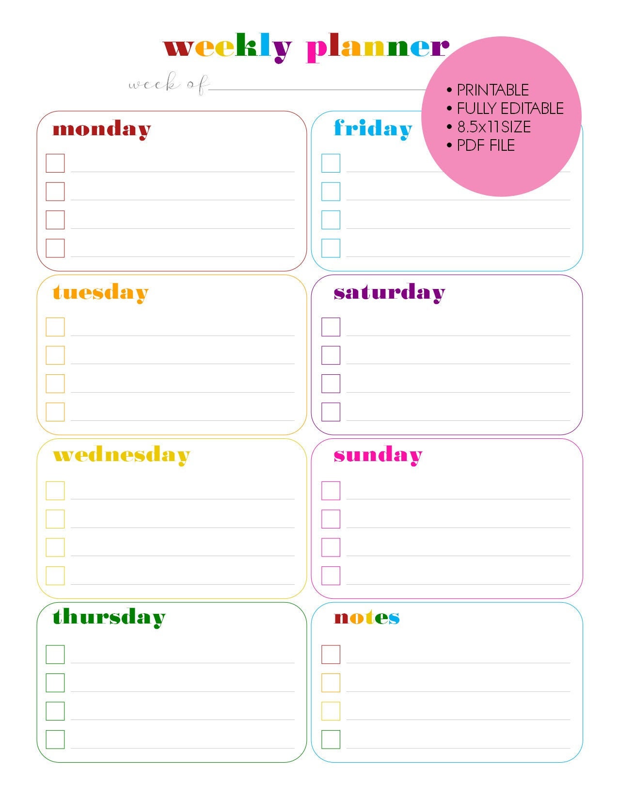 Printable EDITABLE Weekly Planner Calendar, 8.5x11, Simple Rainbow - Etsy