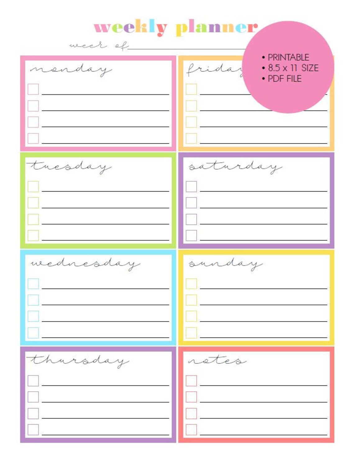 Printable Weekly Planner Calendar 8.5x11 Color - Etsy