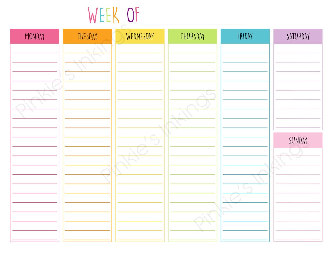 Printable Weekly Calendar 11x8.5 Pastel Rainbow - Etsy
