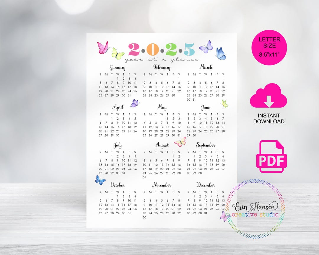 2025 Printable Year at a Glance Calendar - Watercolor Butterflies - Etsy