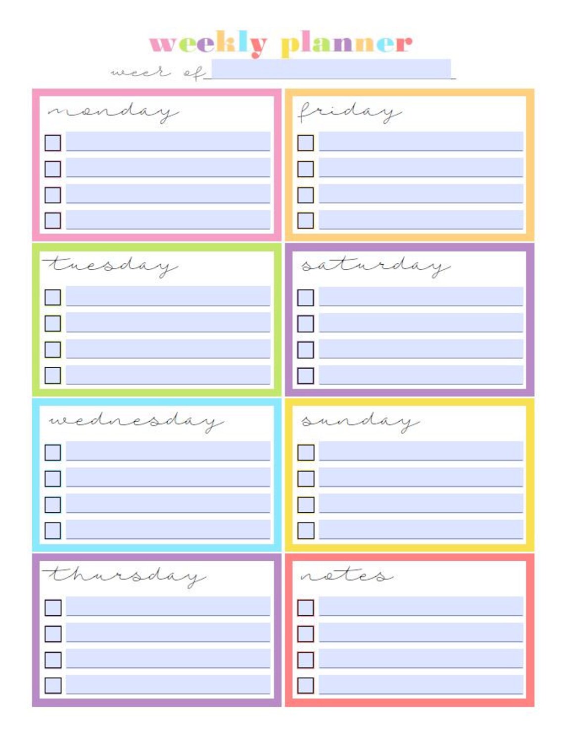 Printable EDITABLE Weekly Planner Calendar, 8.5"x11", Color Blocks - Etsy