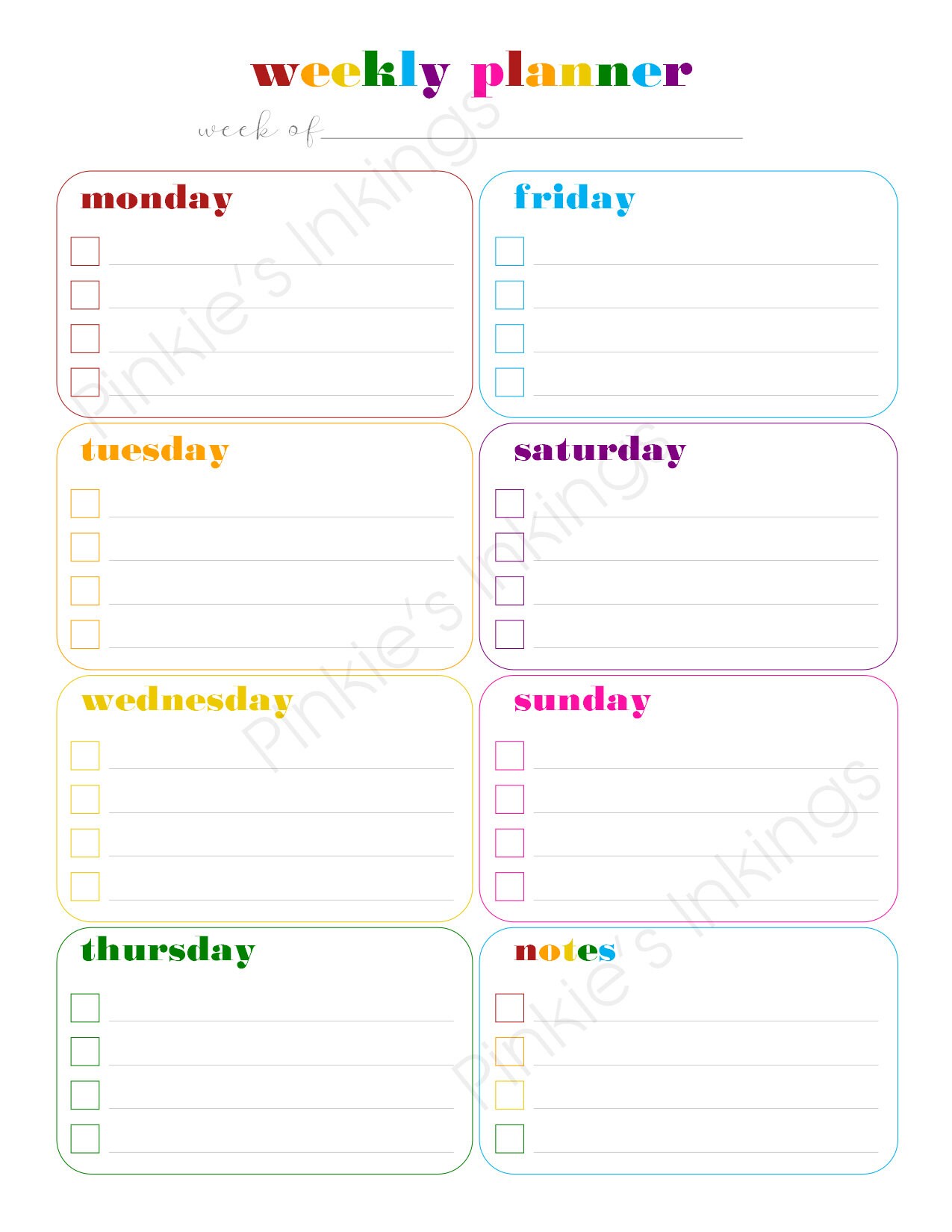 Printable EDITABLE Weekly Planner Calendar, 8.5x11, Simple Rainbow - Etsy