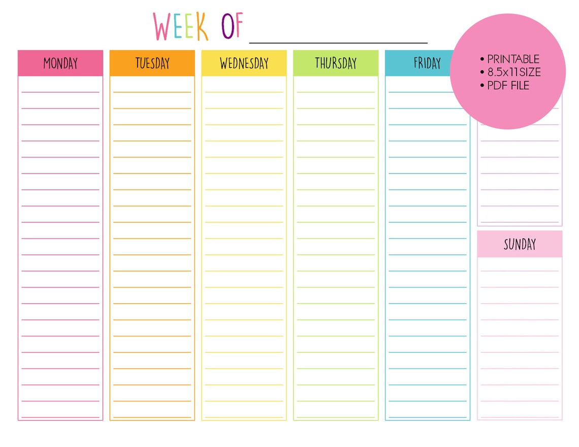 Printable Weekly Calendar 11x8.5 Pastel Rainbow - Etsy