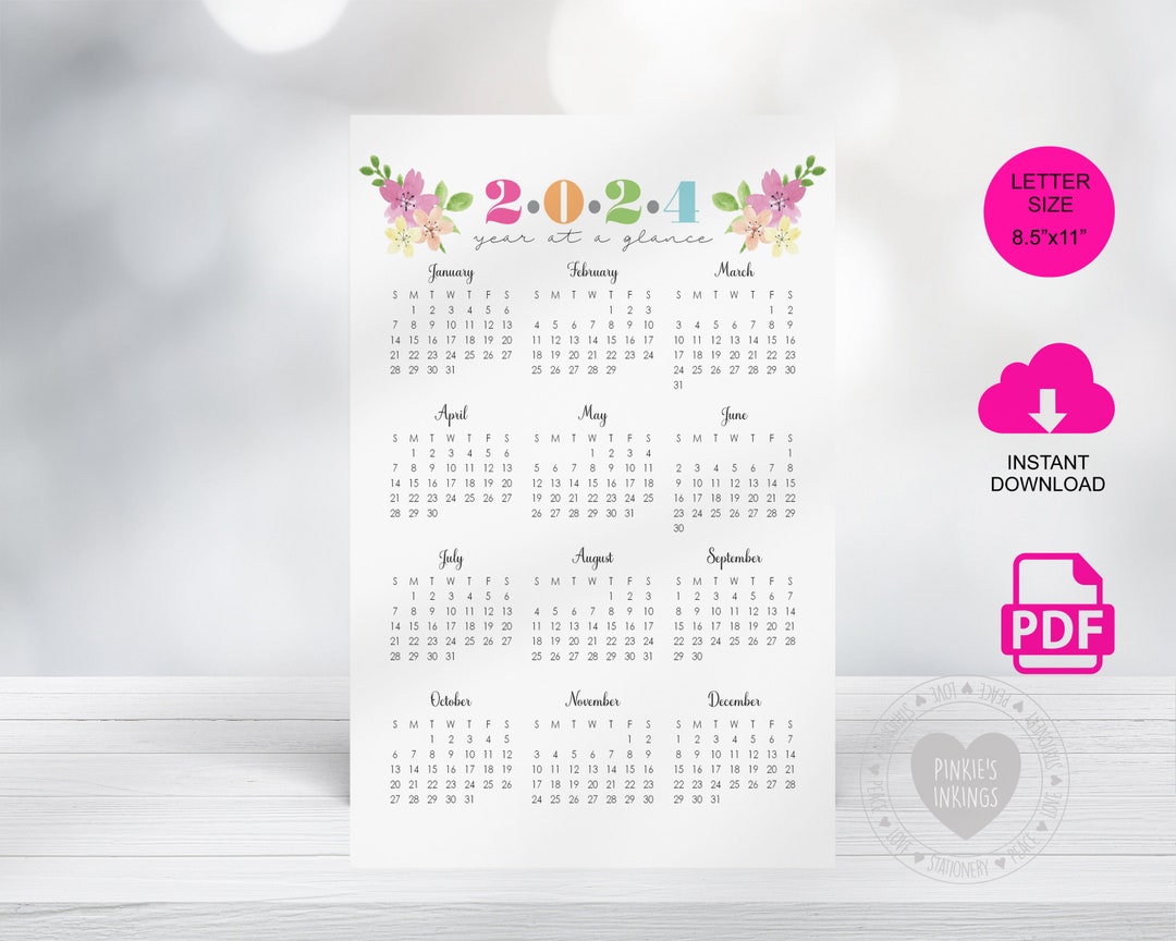 PRINTABLE 2024 Year at A Glance, 8.5x11 Wall Calendar, Watercolor ...