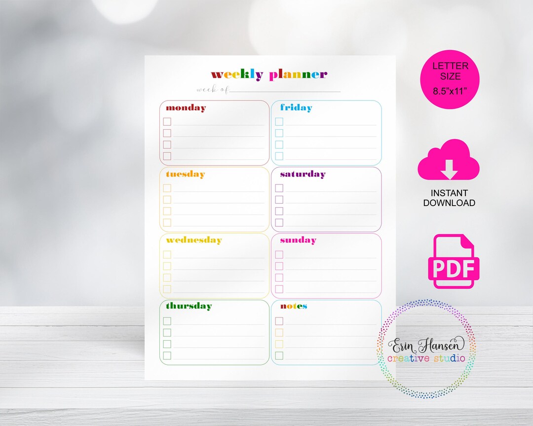 Printable EDITABLE Weekly Planner Calendar, 8.5"x11", Simple Rainbow - Etsy