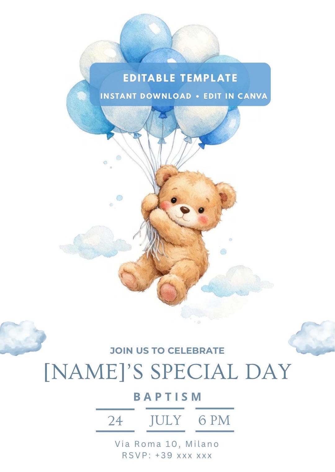 Editable Teddy Bear Baptism Invitation Canva Template, Baby Boy ...