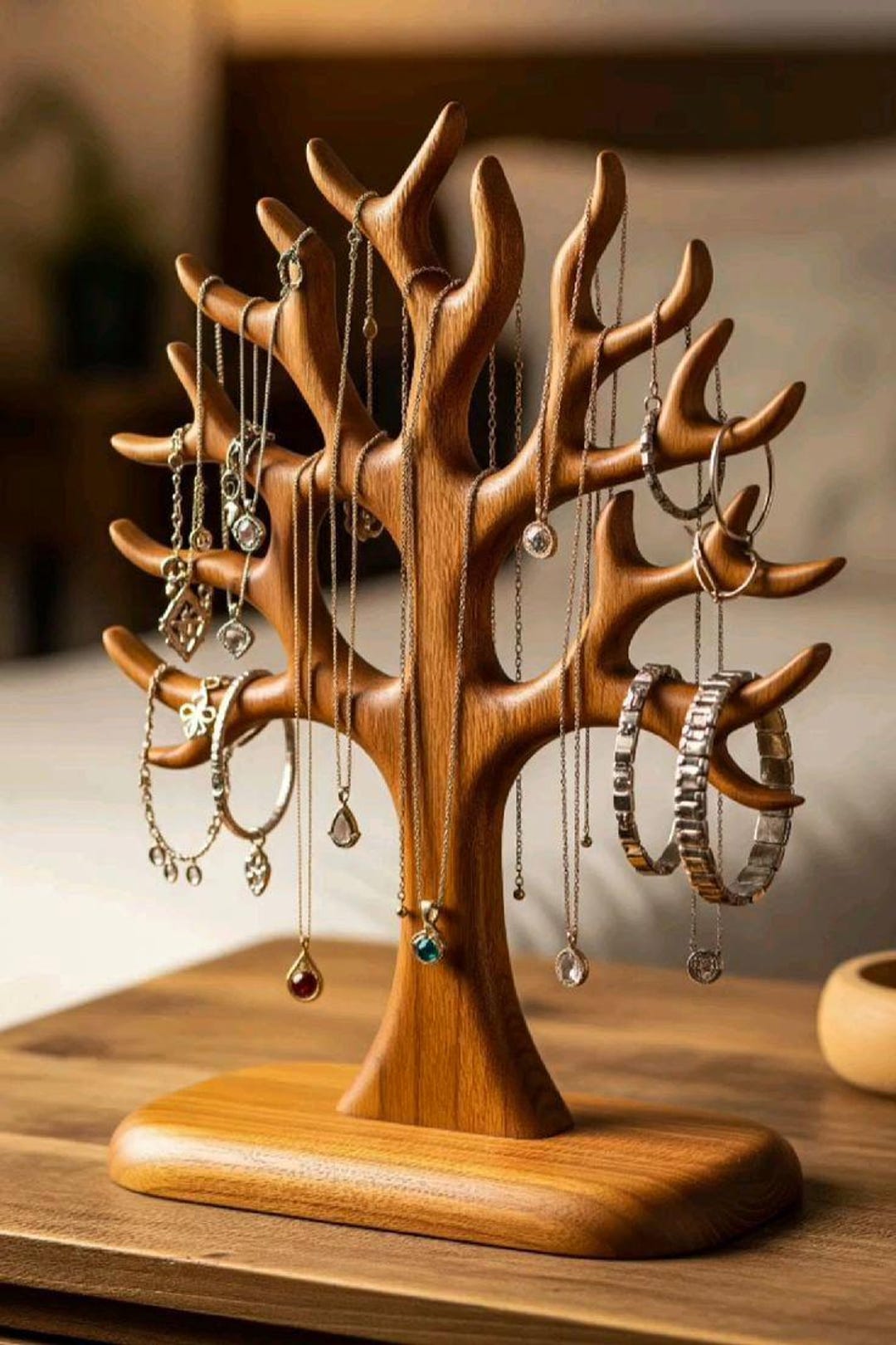 Teak Wood Jewelry Tree Stand, Necklace Bracelet Organizer, Tabletop ...