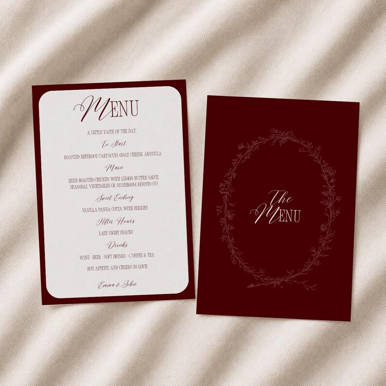 Burgundy Wedding Menu Template, Romantic Vintage Wedding Sign, Luxury ...