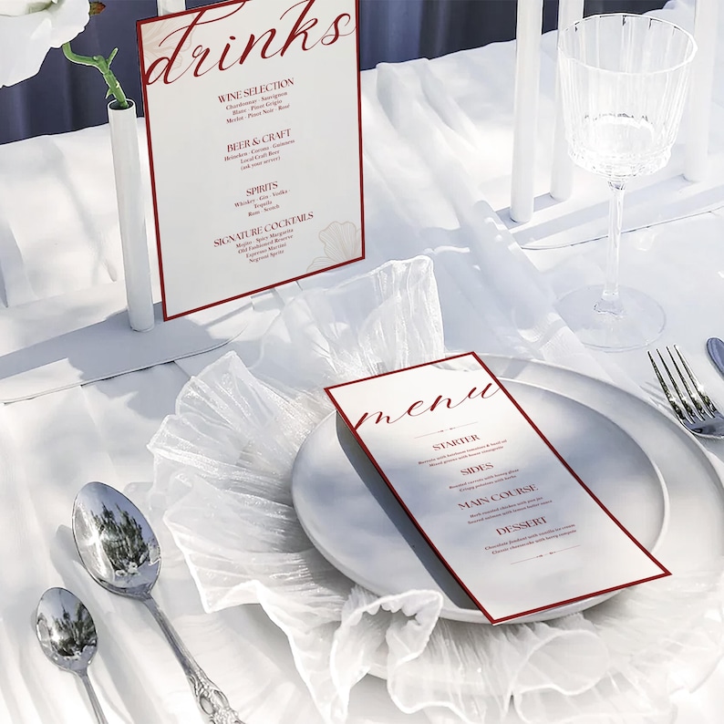 Red Wedding Reception Menu Set, Editable Canva Menu Template, Drinks ...