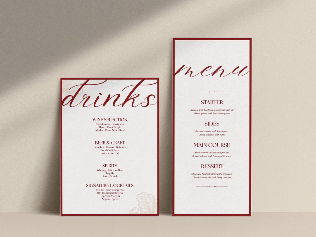 Red Wedding Reception Menu Set, Editable Canva Menu Template, Drinks ...
