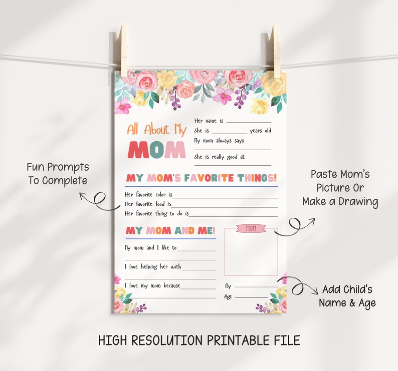 All About My Mom Printable Mothers Day Questionnaire for Kids Craft Mom ...