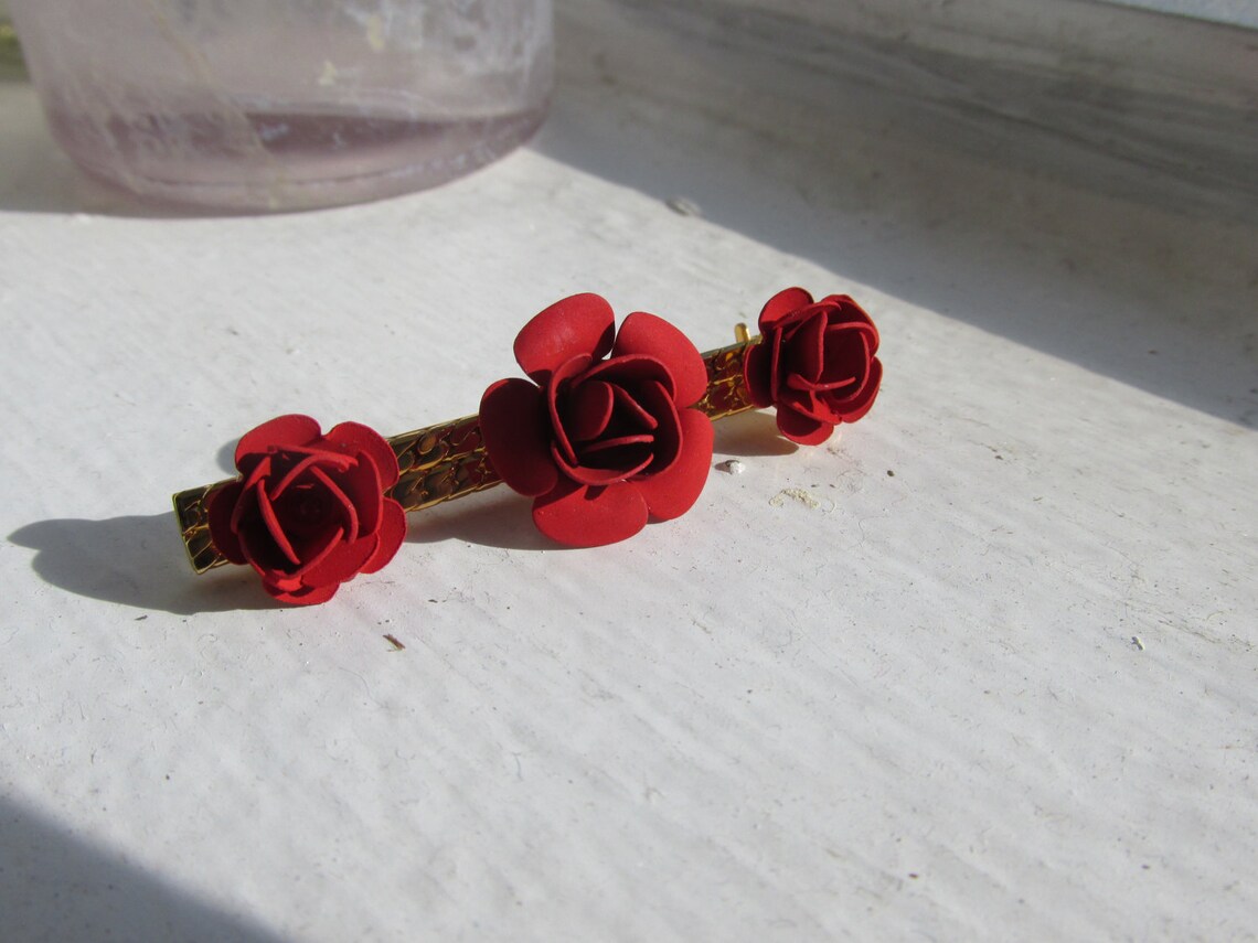 Brooch Red Roses Bar Pin Vintage | Etsy