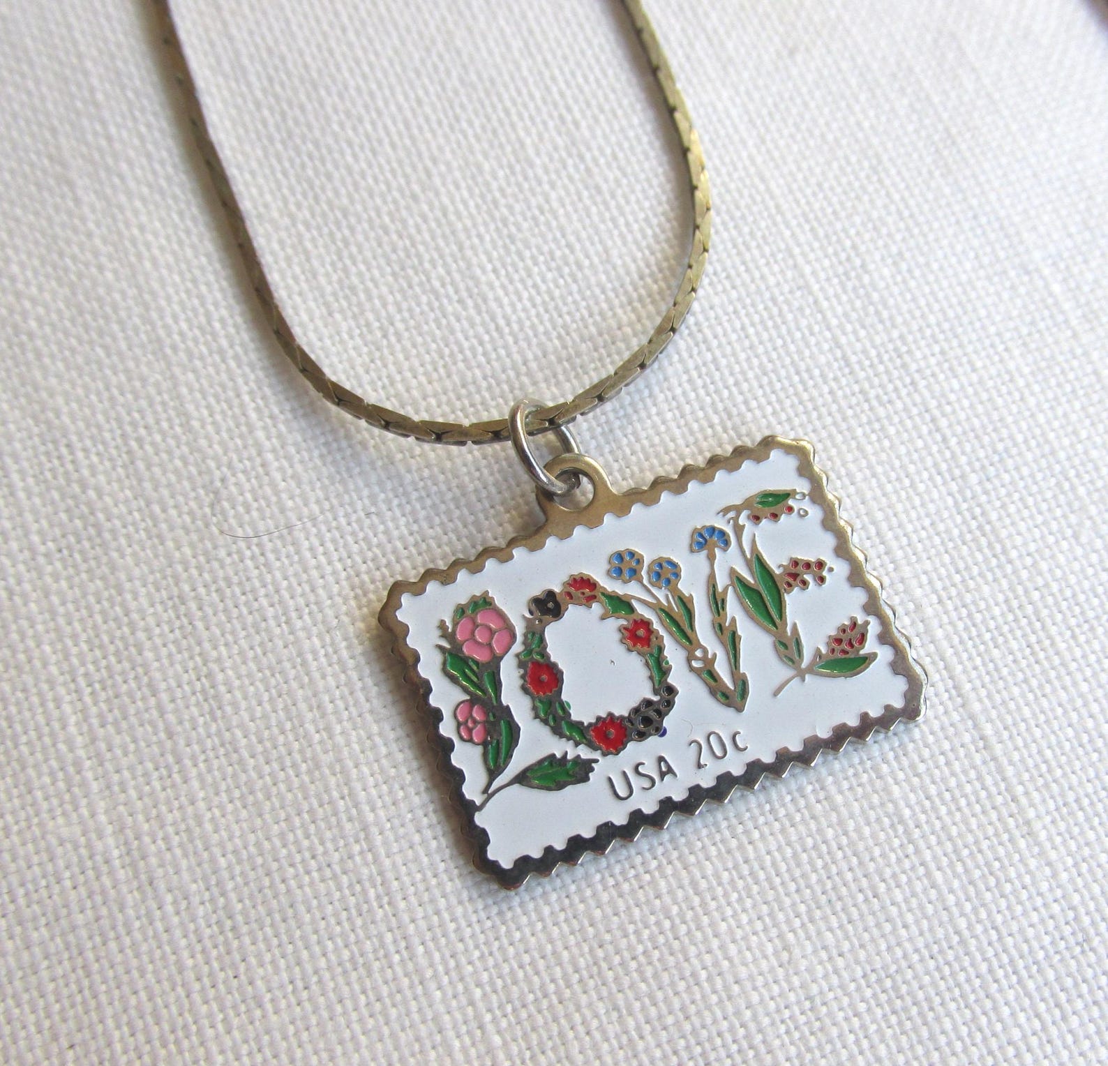Pendant on Chain - Love Stamp Enameled Pendant on Silver Chain ...