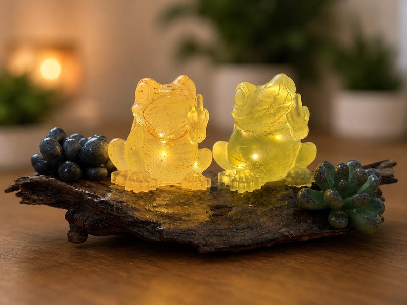 Sarcastic LED Resin Frog Sculpture on Driftwood | Funny Middle Finger ...