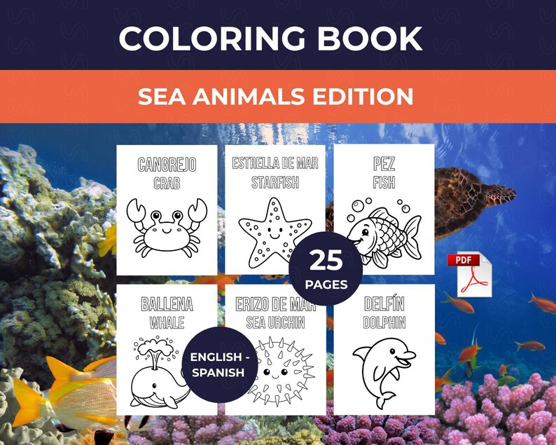 Sea Animals Coloring Book Printable PDF | Spanish & English Animal ...
