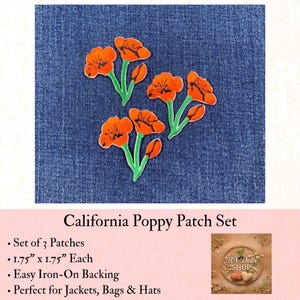 Set of 3 California Poppy Embroidered Patches, Orange Floral Iron-on ...