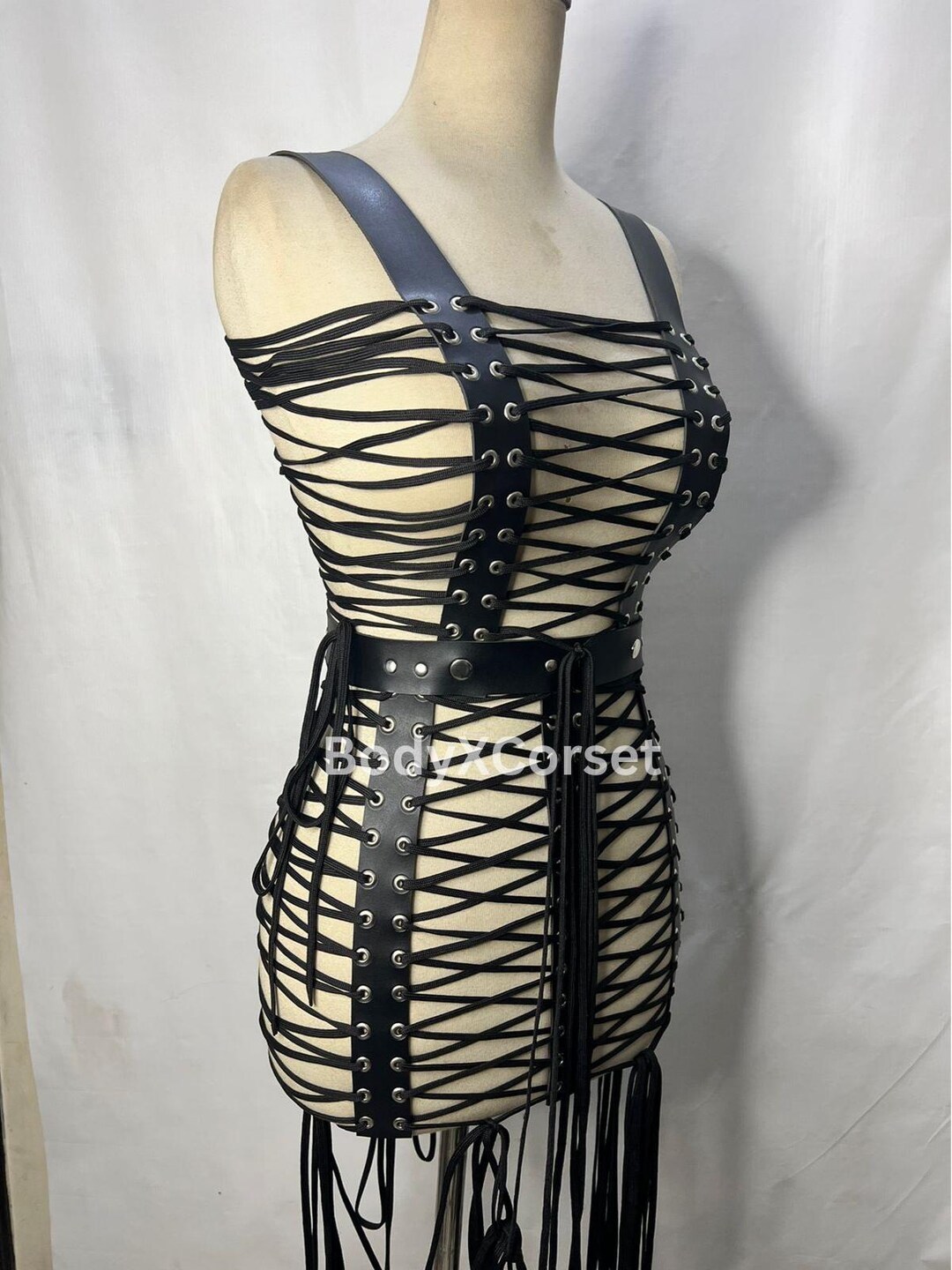 Black Faux Leather Cage Dress: Gothic Corset Harness, Rave Outfit - Etsy