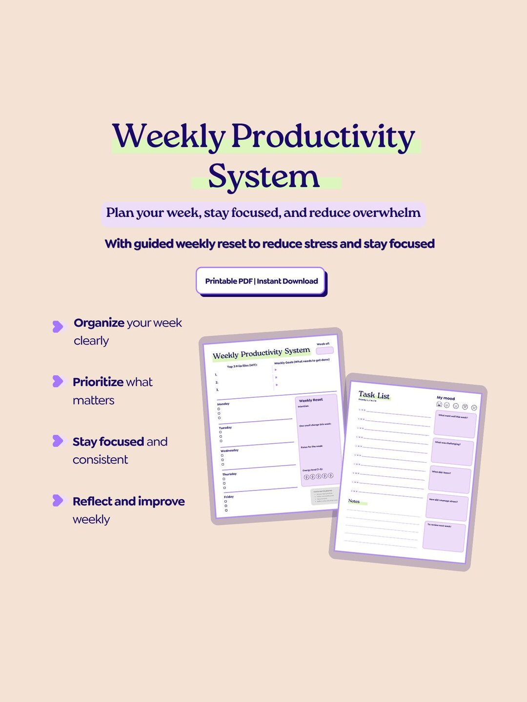 Weekly Productivity Planner Printable | Weekly Reset Planner ...