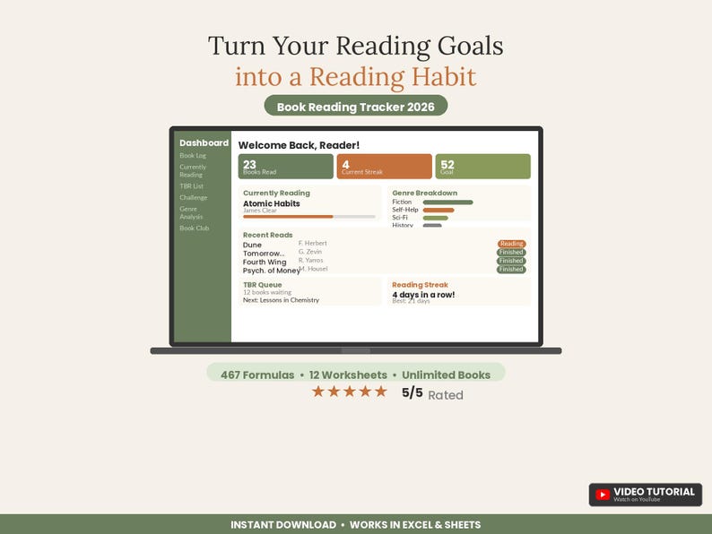 Book Reading Tracker Spreadsheet | Excel Google Sheets Log (digital ...