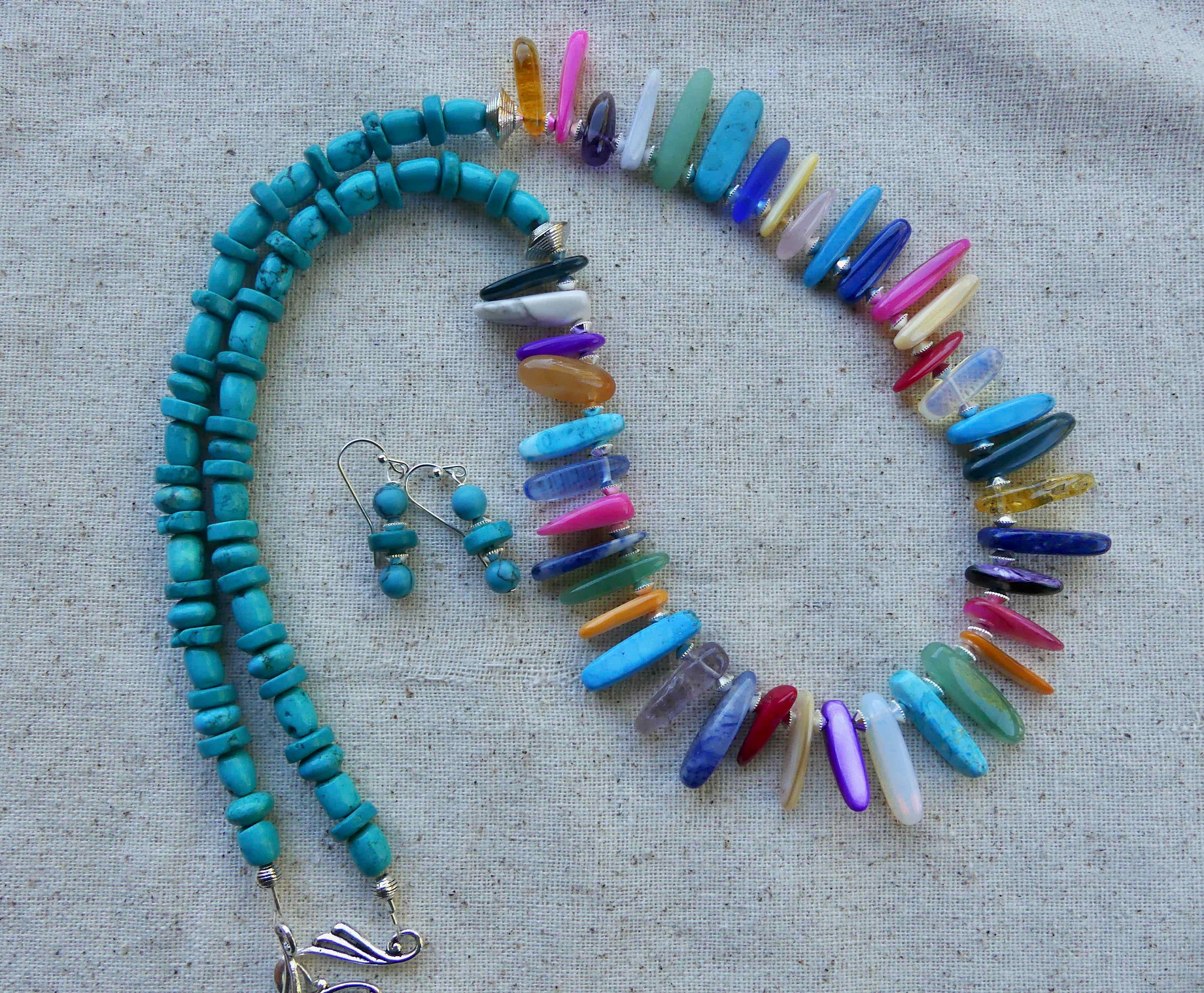 25 Inch Turquoise and Rainbow Stick Bead Necklace With Matching Earings ...