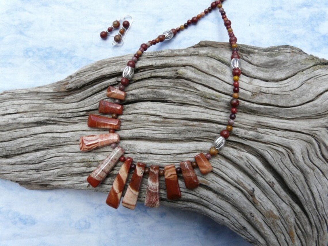 SALE 18 Inch Brown and Tan Mookaite Jasper Stick Bead Dogtooth Necklace ...