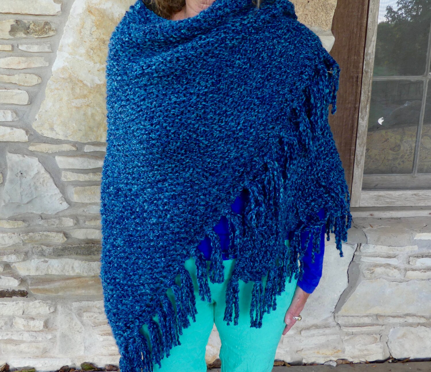 Dark Blue and Turquoise Tweed Hand-knitted Triangle Shawl With - Etsy