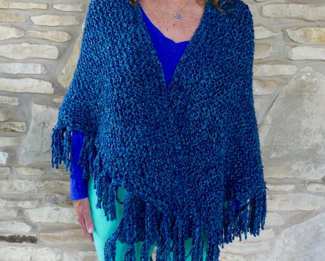 Dark Blue and Turquoise Tweed Hand-knitted Triangle Shawl With - Etsy