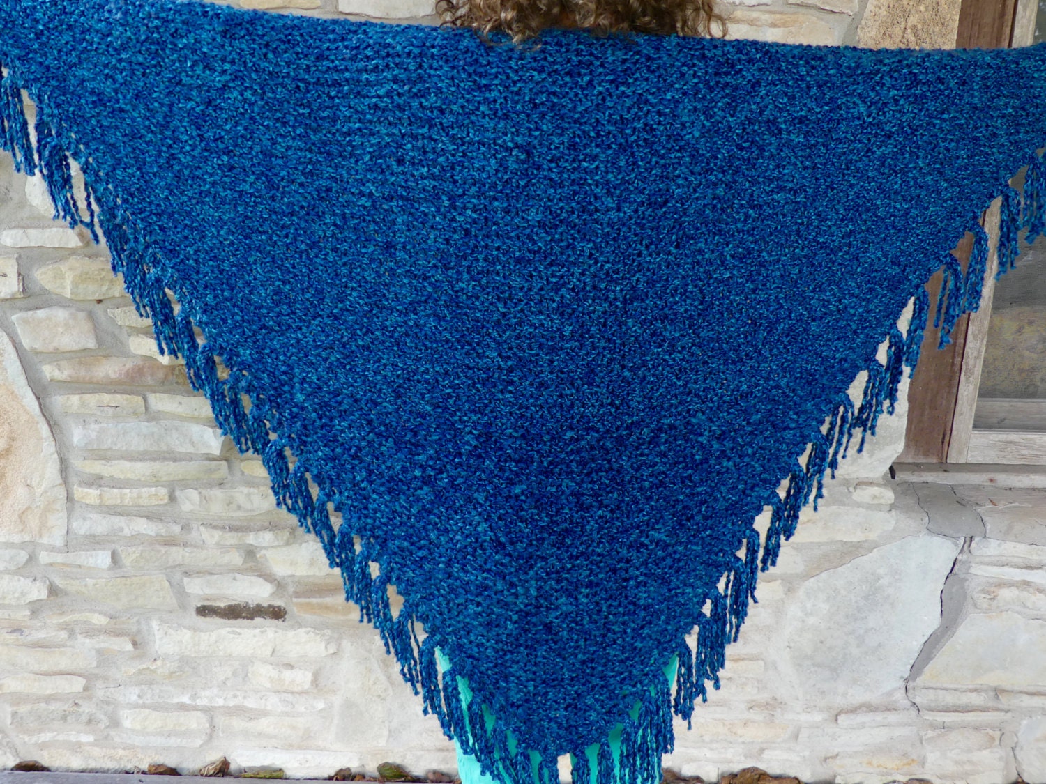Dark Blue and Turquoise Tweed Hand-knitted Triangle Shawl With - Etsy