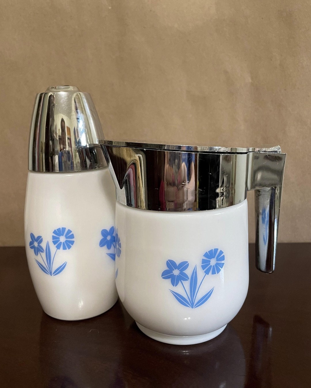 Vintage Gemco Cornflower Milk Glass Creamer Syrup Pitcher & Sugar ...