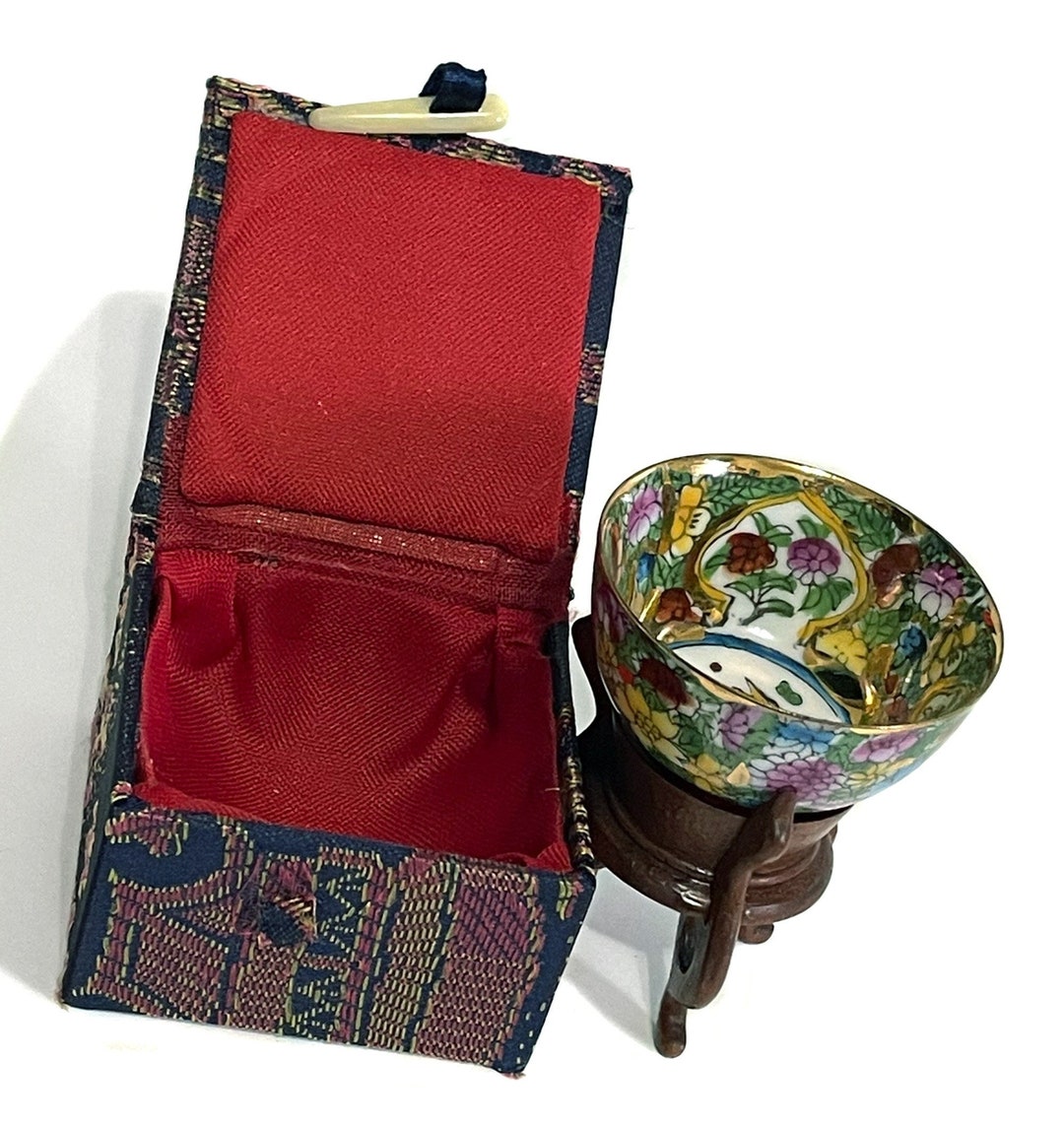 Miniature Chinese Porcelain Bowl in Silk Lined Box W/ Display Stand ...