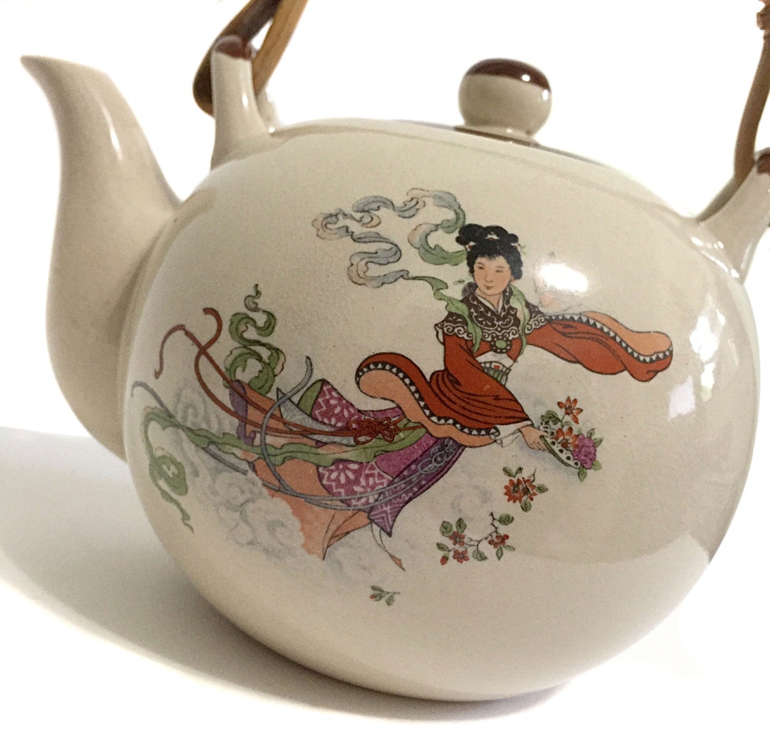 Vintage Chinese Teapot W/ Rattan Handle & Image of Goddess in the ...